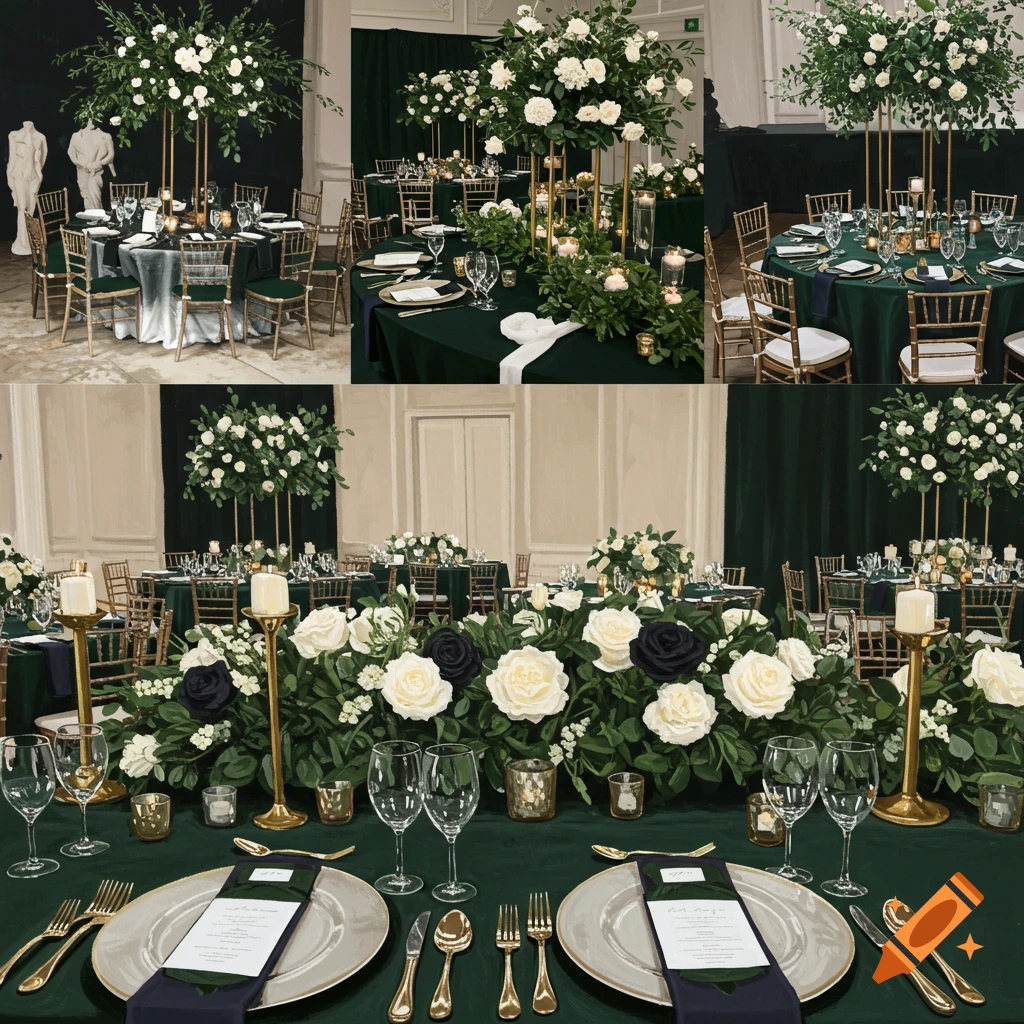 Wedding reception decorations in black, white, ivory, and deep green ...