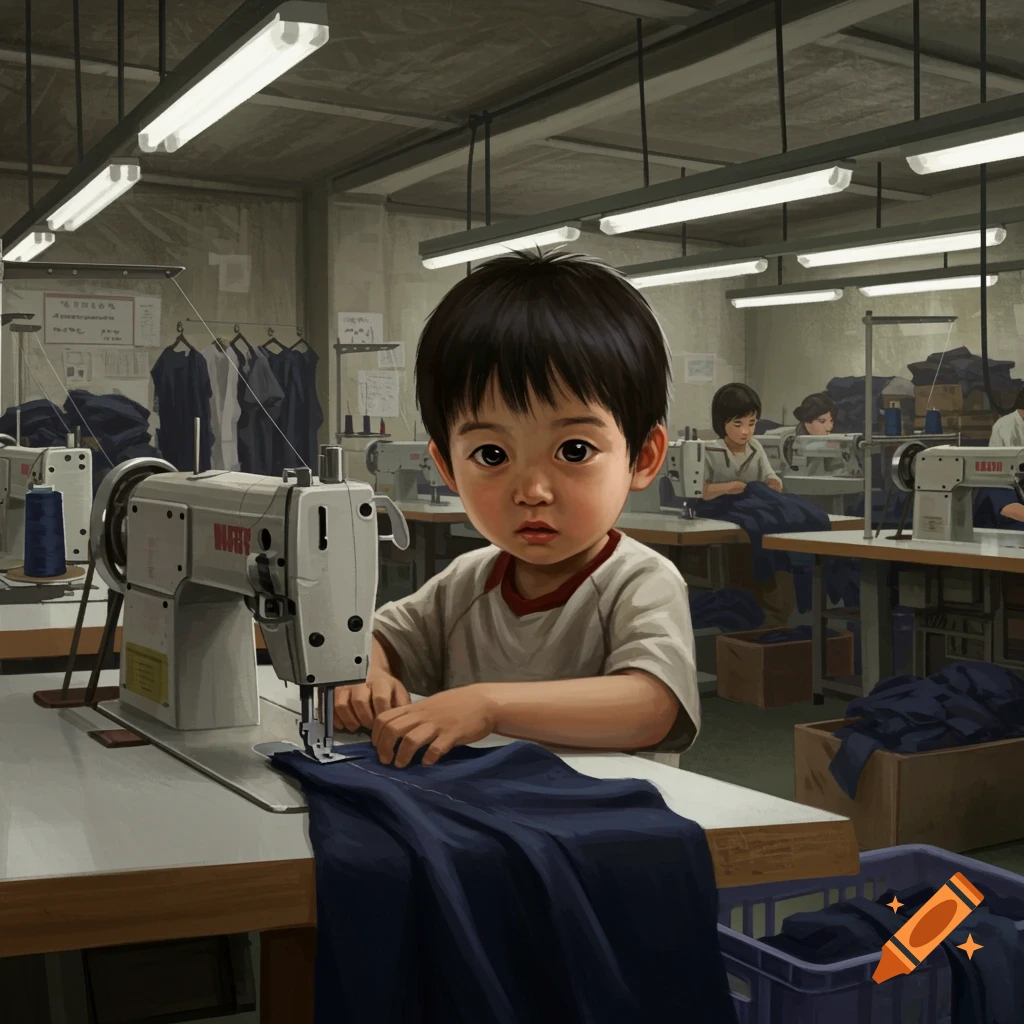 Illustration of a young Asian boy working at a sewing machine in a ...