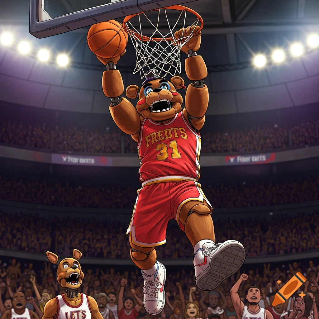 Freddy Fazbear dunking a basketball on Craiyon