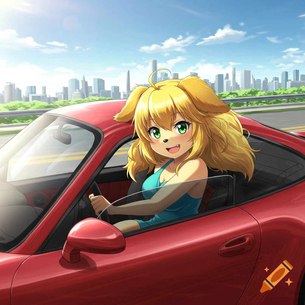 Anime dog girl drives a red sports car on a road with a city skyline ...