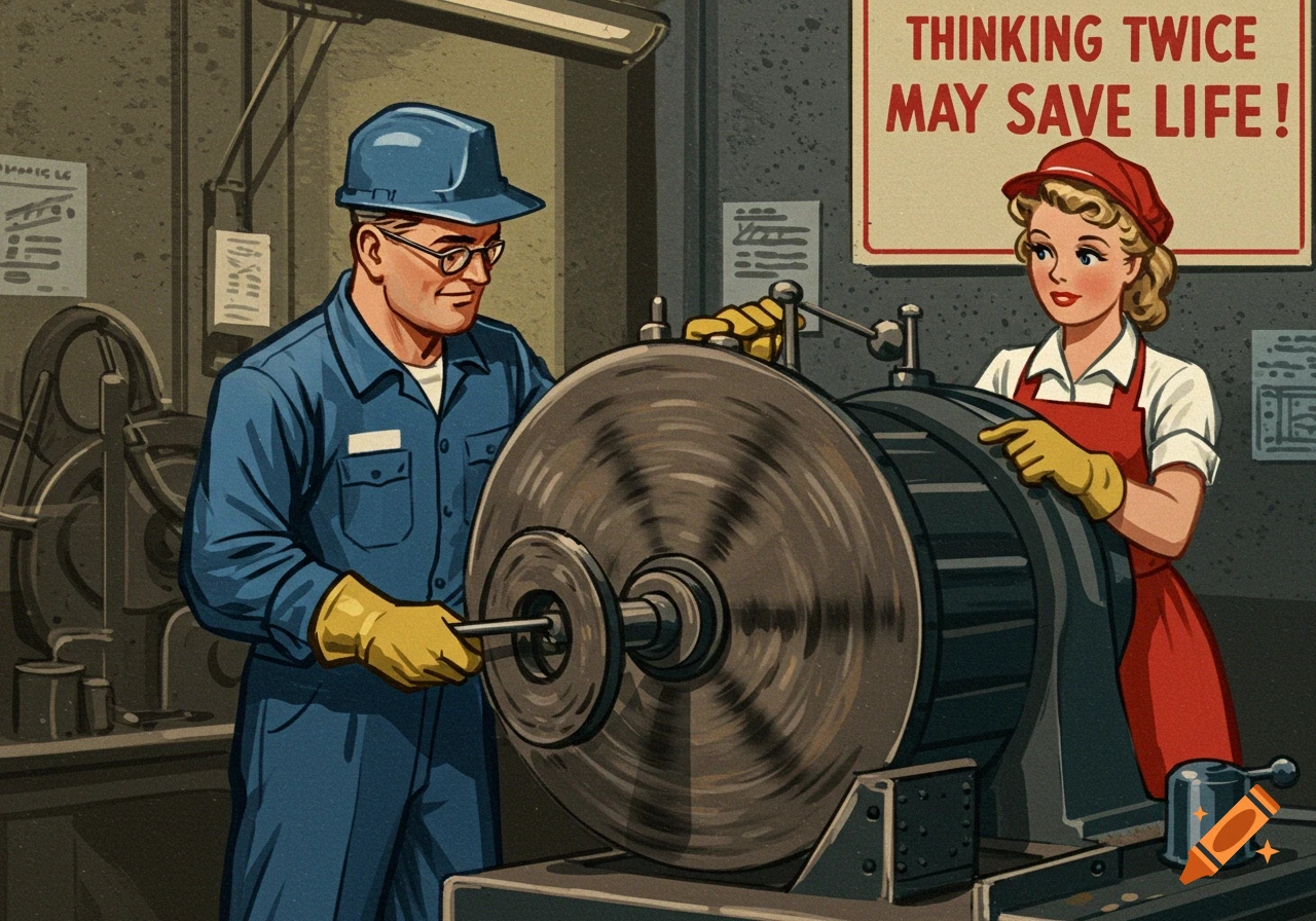 Blue collar workers near machine, vintage cartoon style sign reads ...