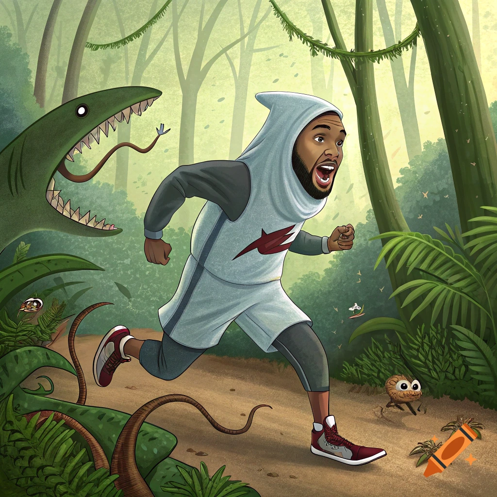 Cartoon illustration of a man in a shark costume running from a green ...