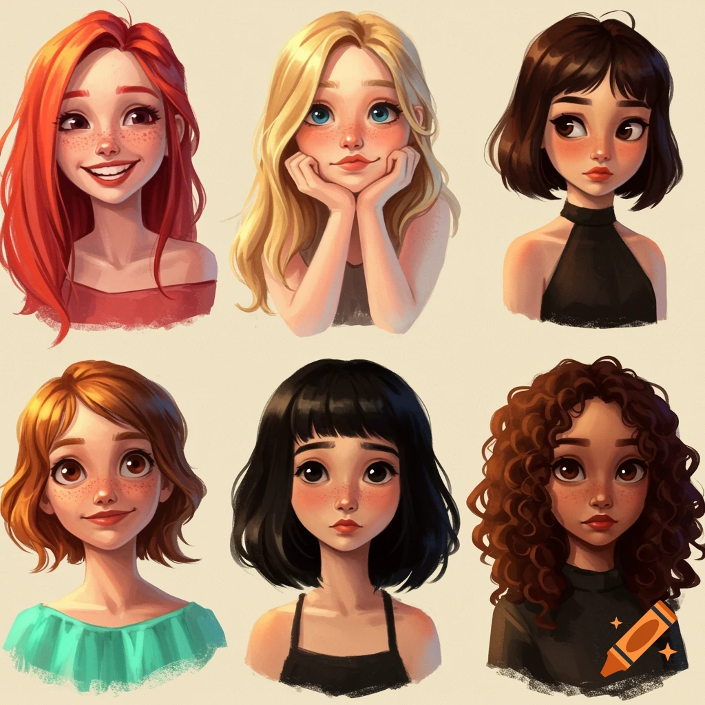 Grid of digital painted portraits of women with various hair colors and ...