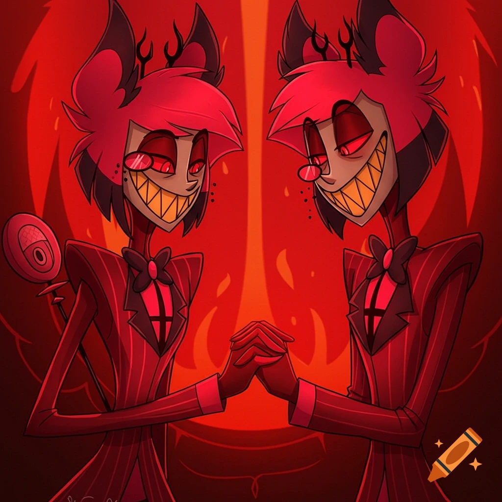Alastor and Lucifer from Hazbin Hotel holding hands, in a stylized ...