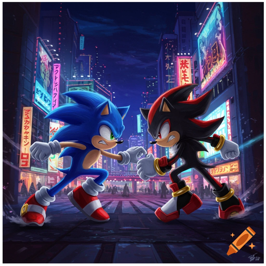 Sonic and Shadow run fast through a neon-lit city street at night on Craiyon