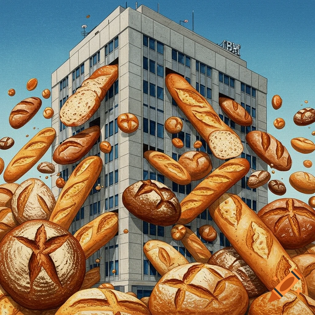 An office building overflowing with loaves of bread flying out of it ...