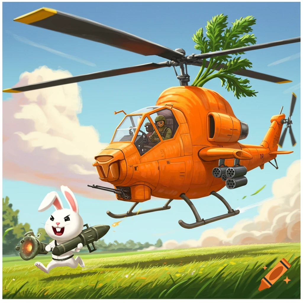 Cartoon rabbit with RPG chases carrot helicopter piloted by soldiers ...