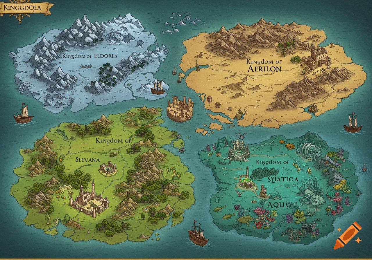 An illustrated fantasy world map showing four islands with different ...