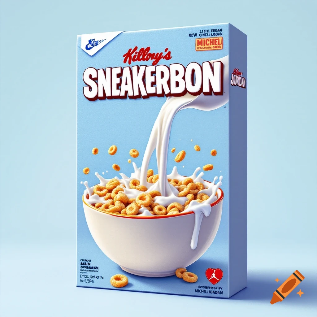 Cereal box for Sneakerbon cereal with milk pouring into a bowl of ...