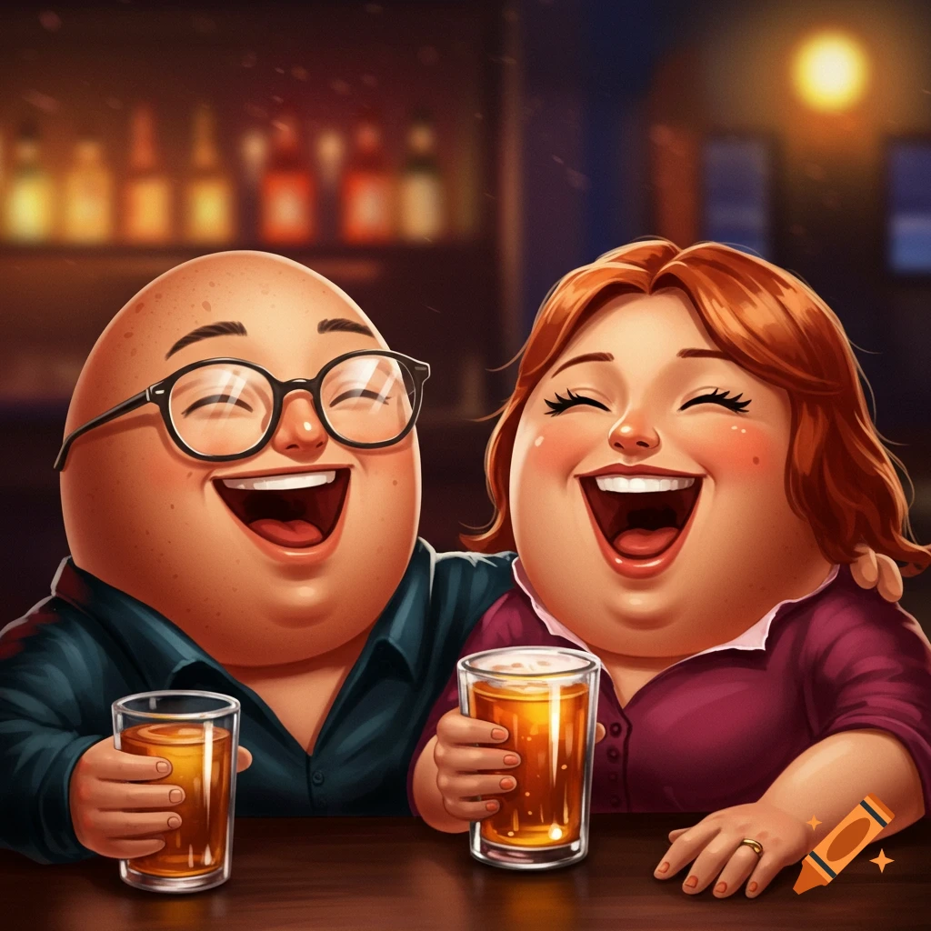 Two eggs with yolks showing, laughing and drinking at a bar. One egg ...