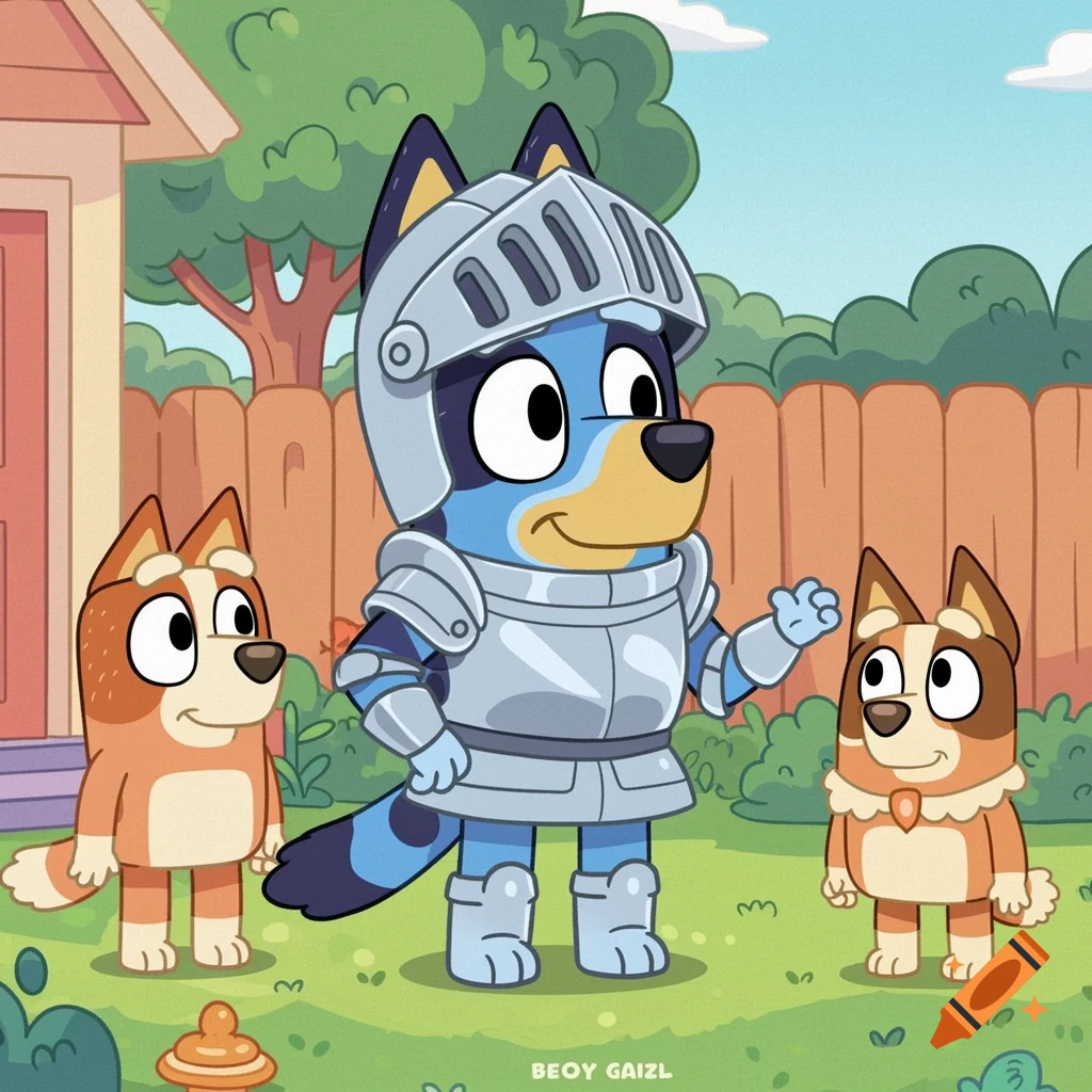 Cartoon character Bluey stands in a forest. on Craiyon