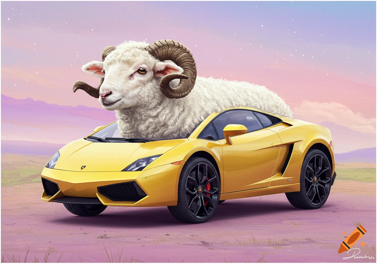 A white lamb sits in the driver's seat of a yellow Lamborghini sports ...