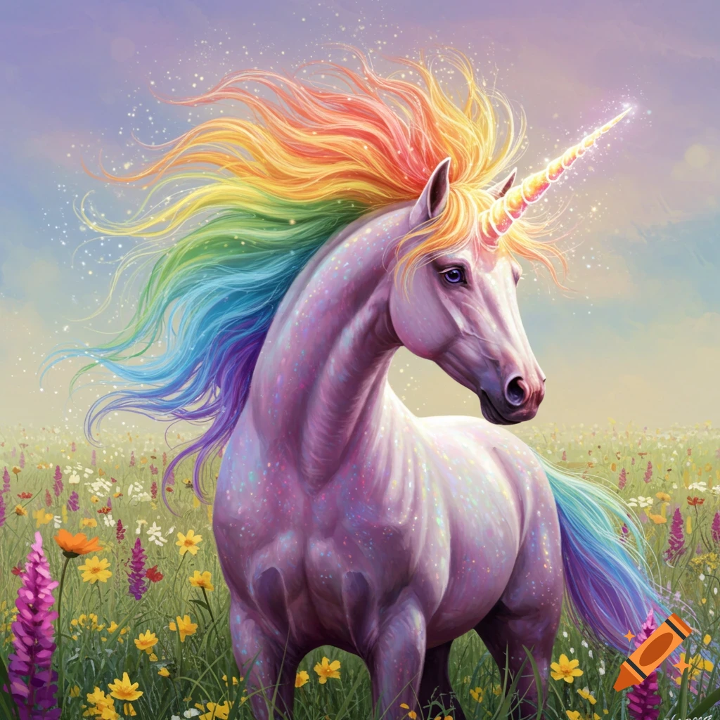 Cute unicorn with rainbow mane on Craiyon