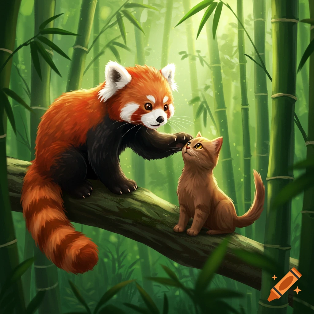 Two red pandas chasing each other in a bamboo forest illustration on ...