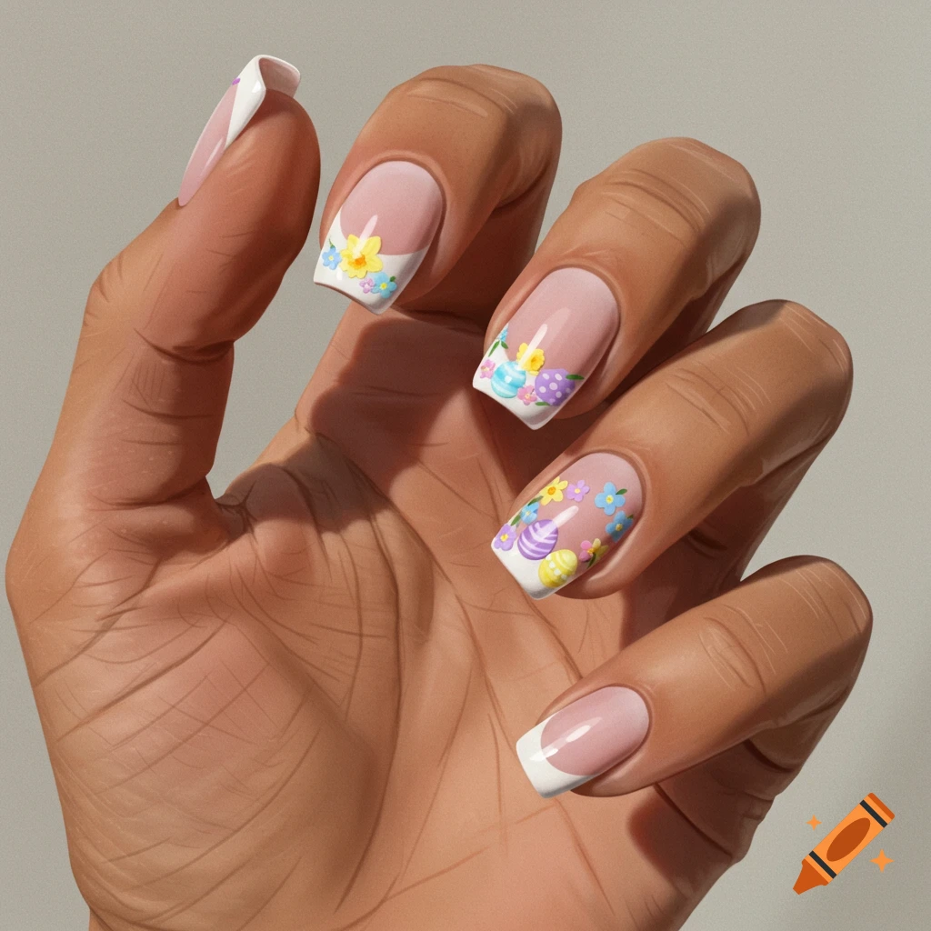 Hand with square french tip nails painted with Easter eggs and flowers ...