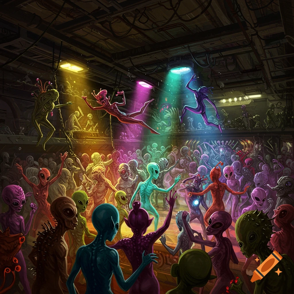 Chaotic alien dance party on a dark construction ship on Craiyon