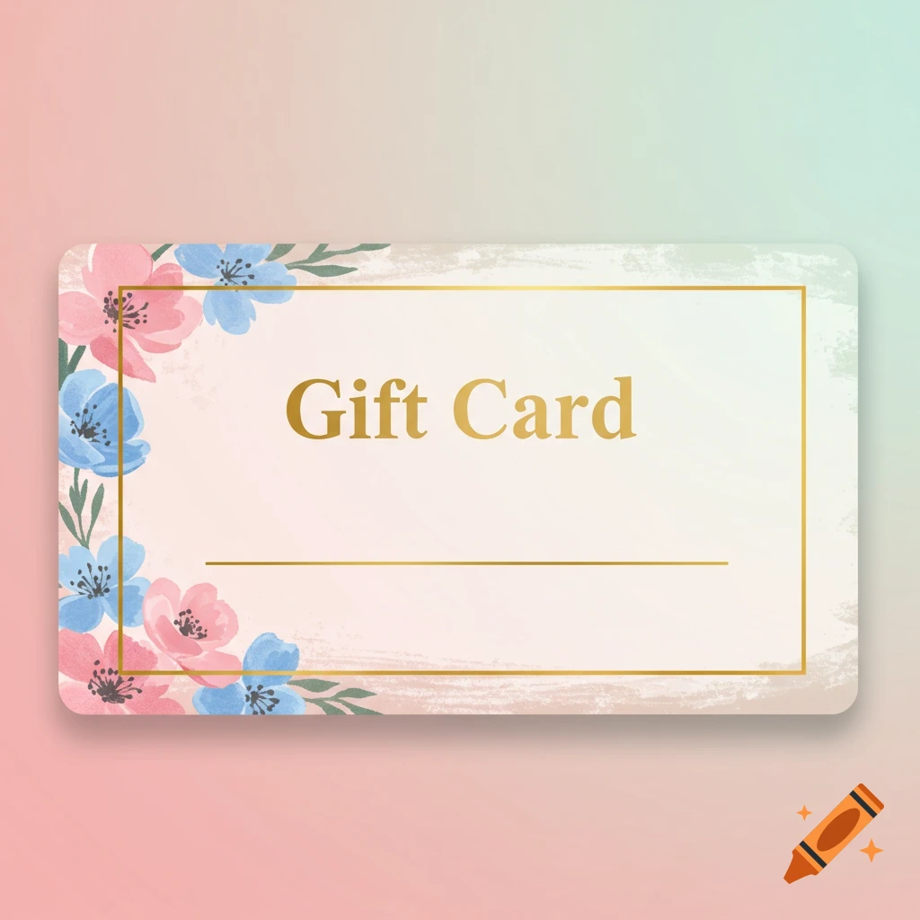 Watercolor gift card design with pink and blue flowers and gold text ...