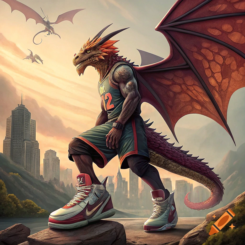 Epic battle between a dragon and a giant in stylish attire on Craiyon