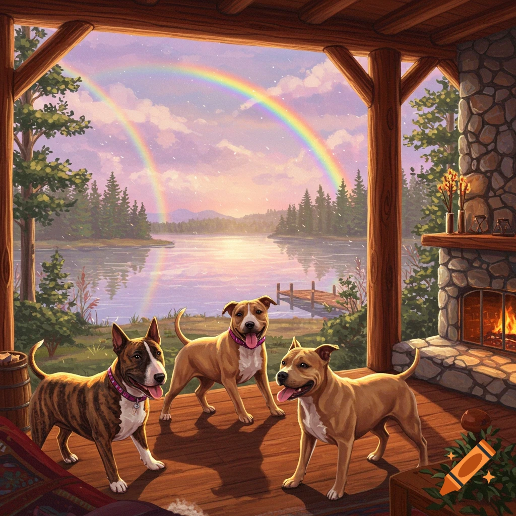 Three dogs on a cabin porch overlooking a lake with two rainbows. on ...