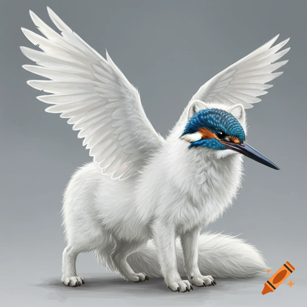 Fantasy creature blending an arctic fox body with white wings and a ...