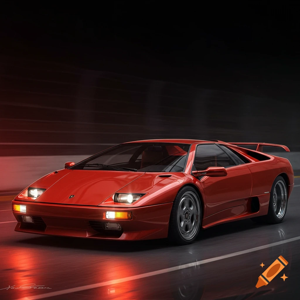 A red Lamborghini Diablo drives on a road at night in a photorealistic style. on Craiyon