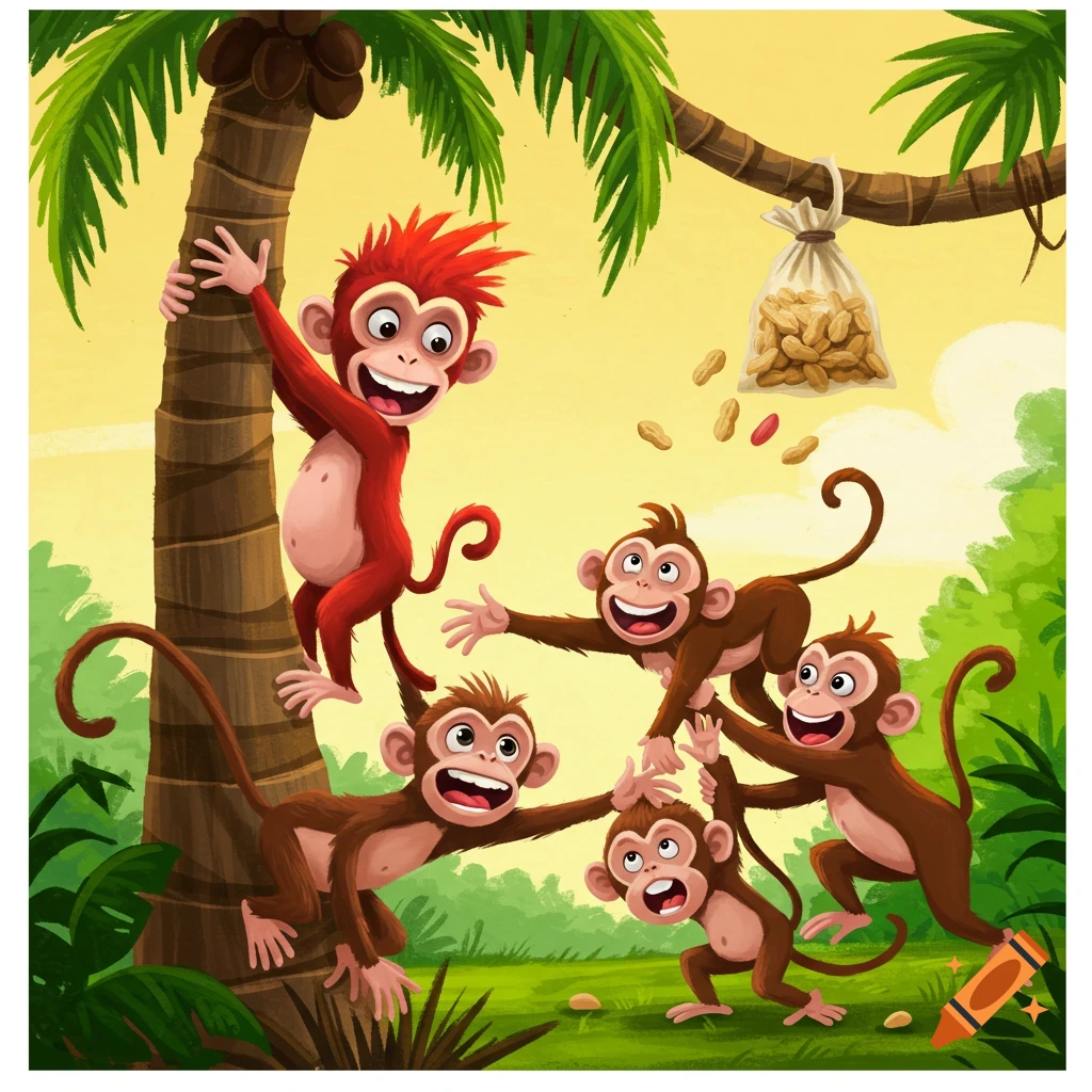 Cartoon monkey hanging on vines using its tail on Craiyon