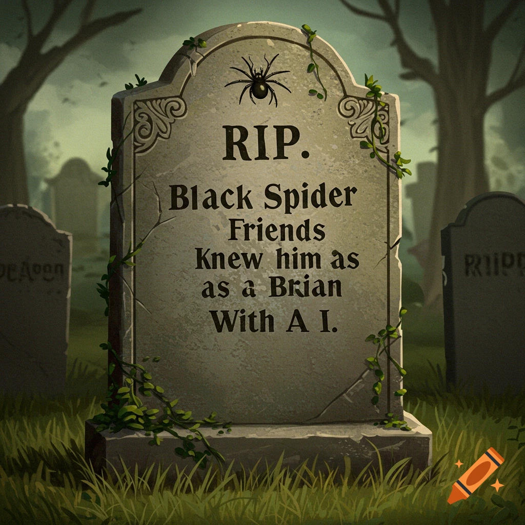 Old-fashioned grave with text "RIP Black Spider, friends knew him as ...