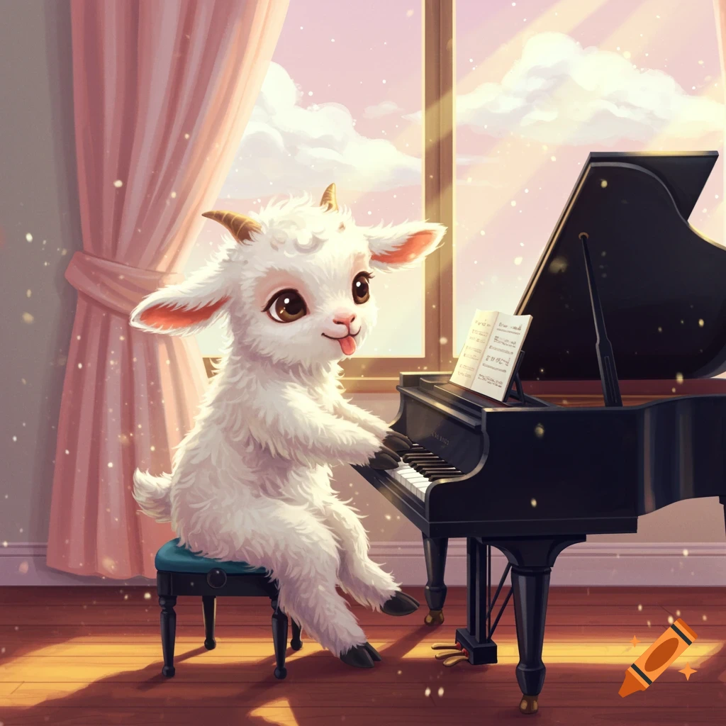 Cute cartoon baby goat playing a grand piano in a sunlit room. on Craiyon
