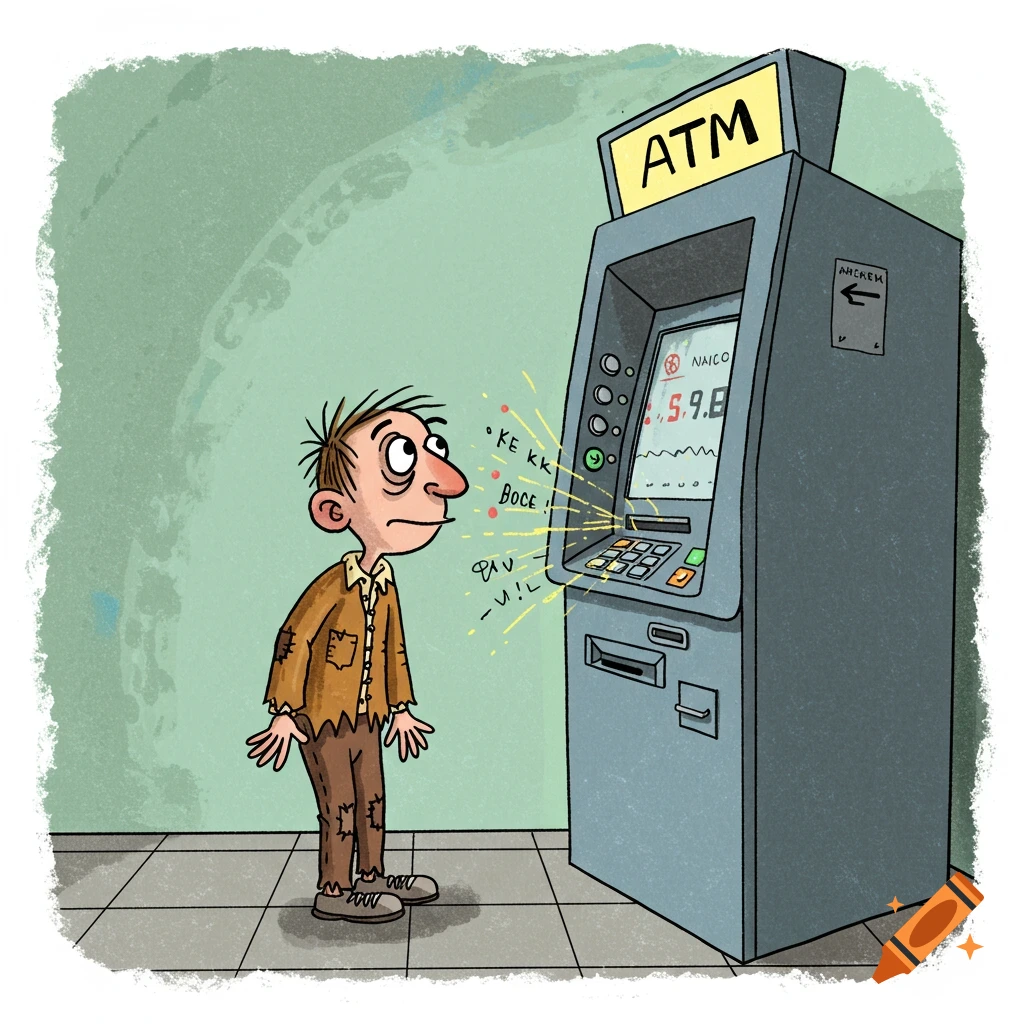 Cartoon illustration of a man in ragged clothes staring at an ATM with ...