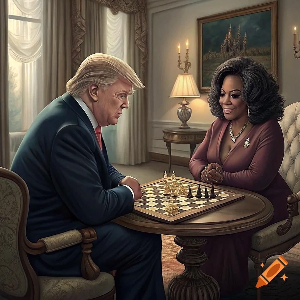 Donald Trump and Oprah Winfrey play chess in a room. on Craiyon