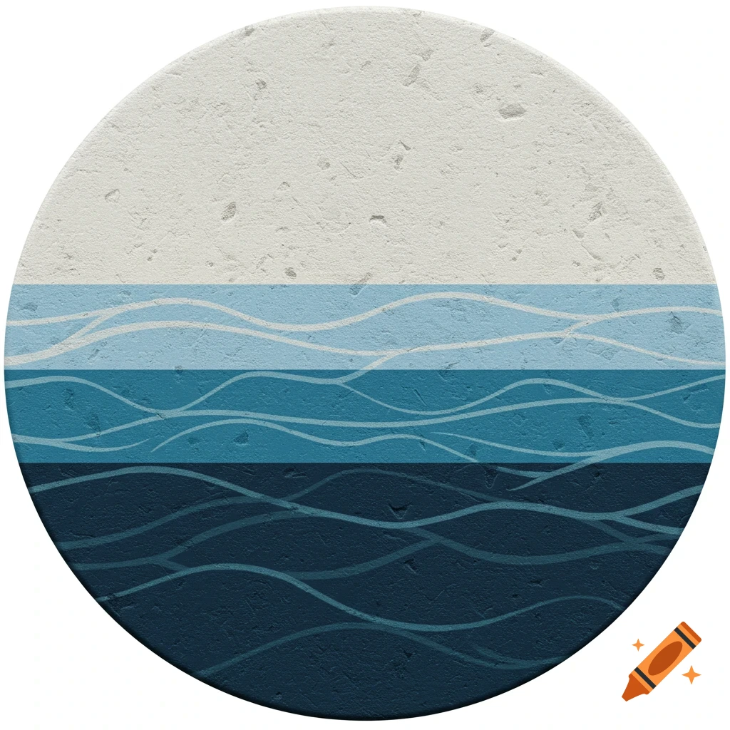 A round token with textured white, light blue, and dark blue horizontal ...