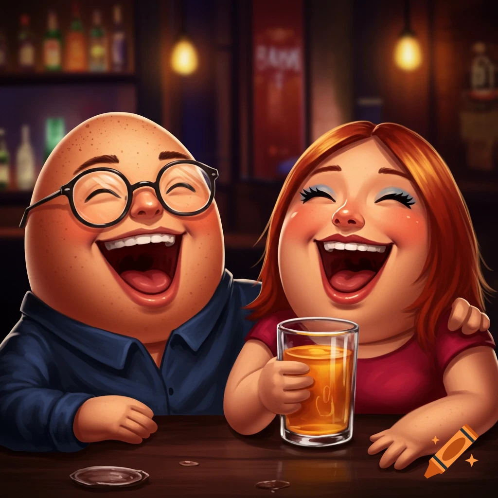 Two eggs with yolks showing, laughing and drinking at a bar. One egg ...