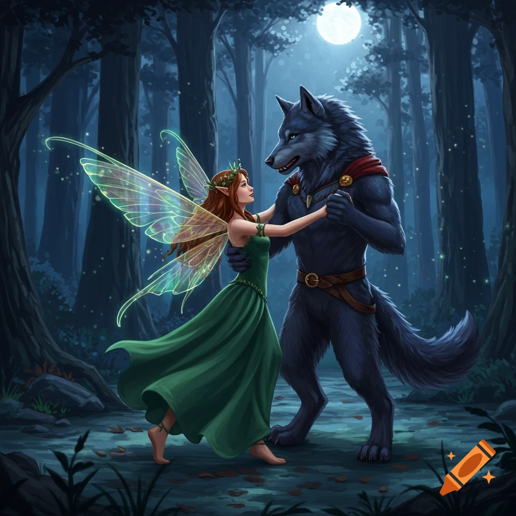 A fairy with translucent wings and a wolf-like creature dance in a forest at night under a full ...
