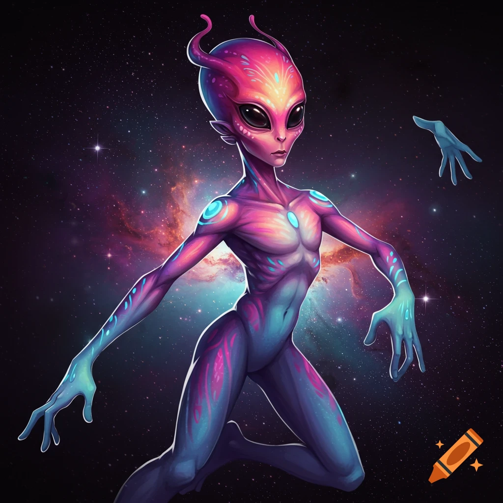 Animated digital art of alien holding cat on Craiyon