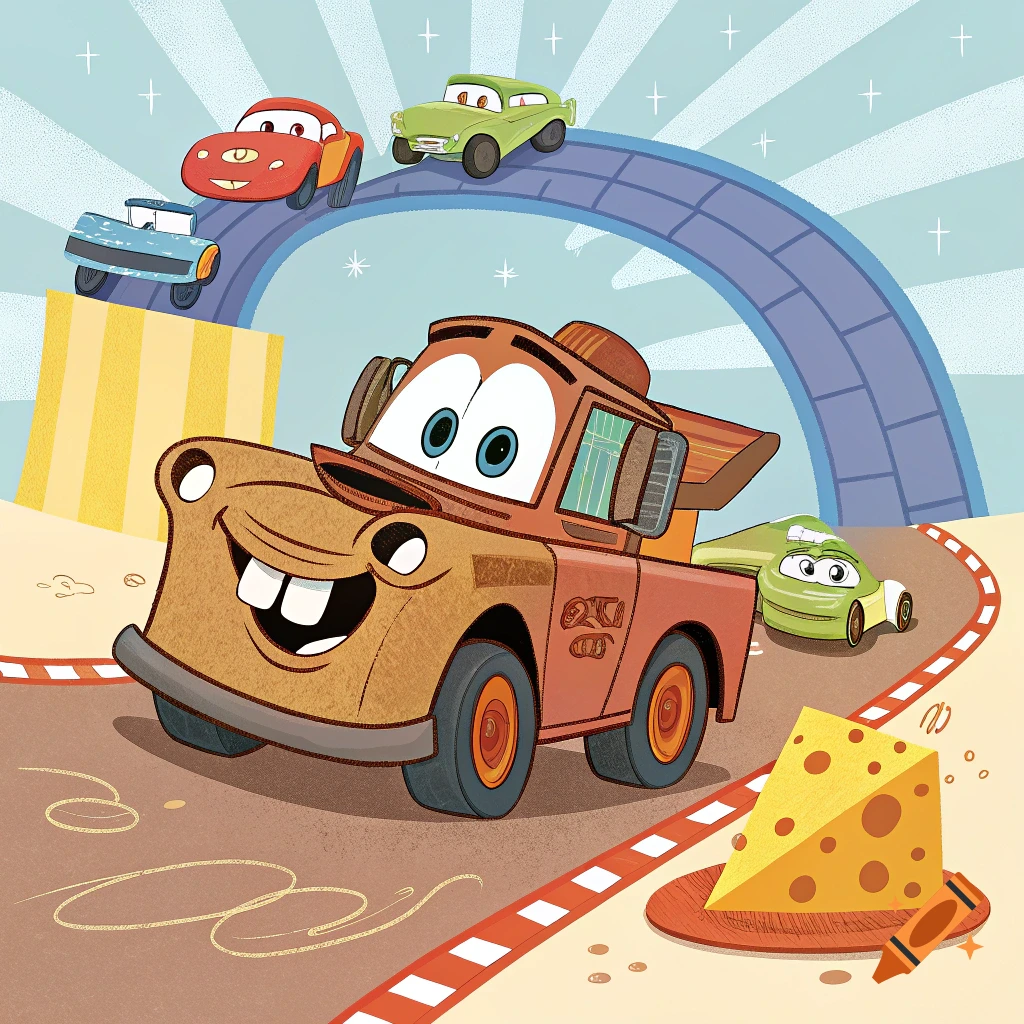 Cartoon illustration of knitted race cars on a track lined with buttons ...