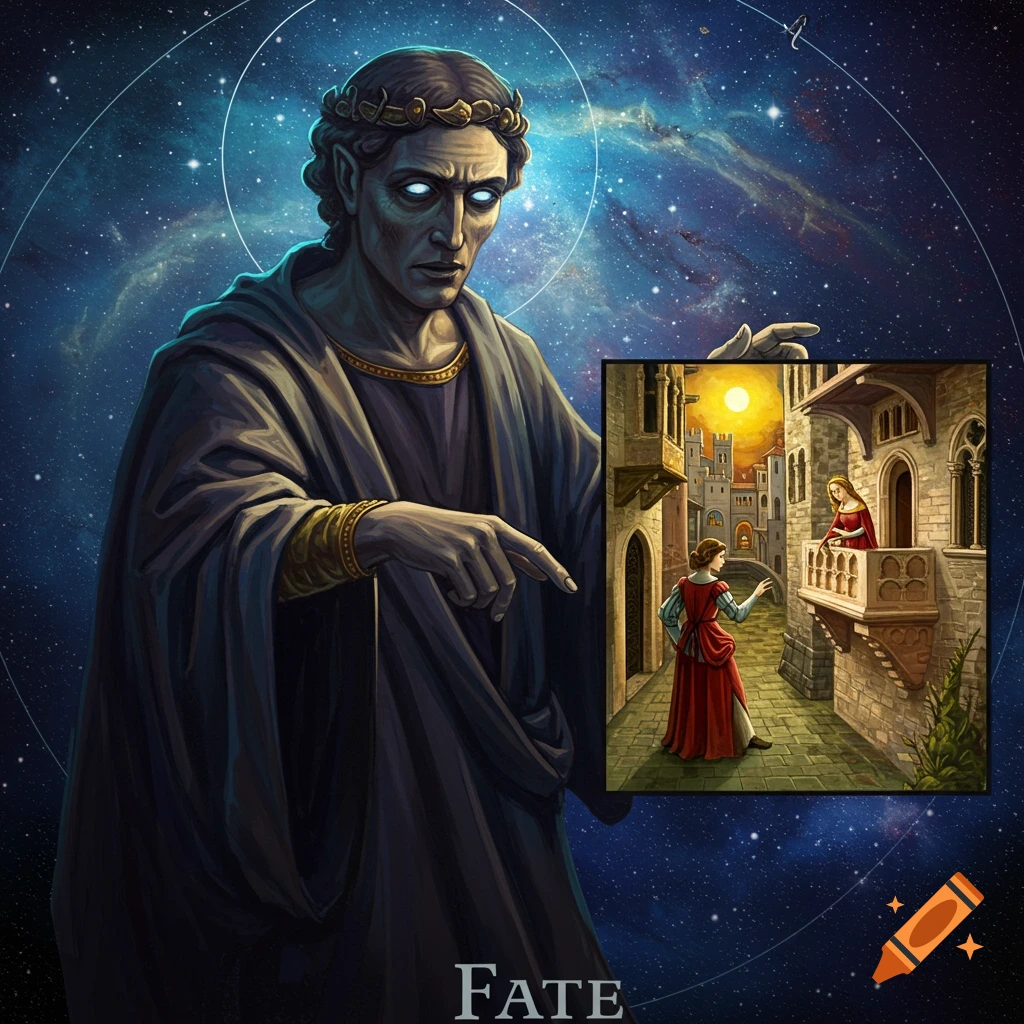 Dramatic figure in space holding a miniature scene of Romeo and Juliet ...