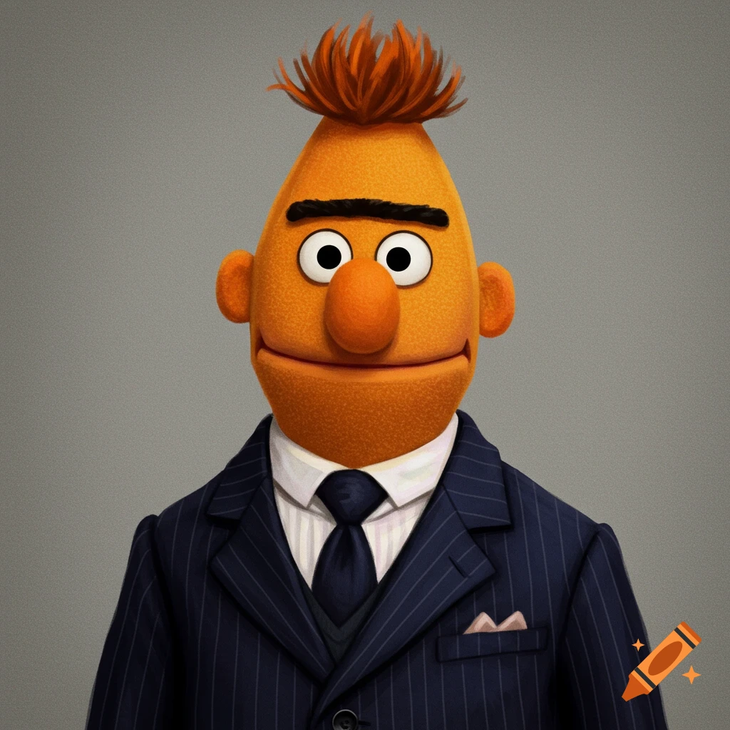 Bert the Muppet wearing a blue pinstripe suit and tie. on Craiyon