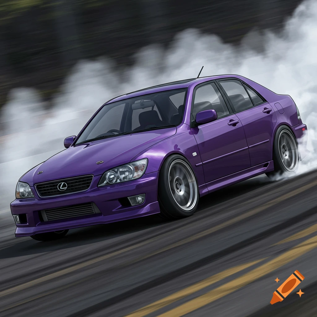 A purple Lexus IS300 car drifts on a road, leaving exaggerated tire ...