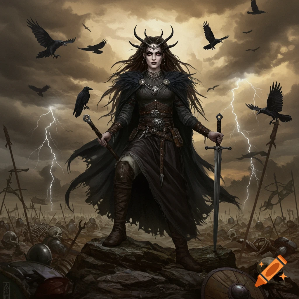 A dark fantasy illustration of a warrior goddess standing on a ...