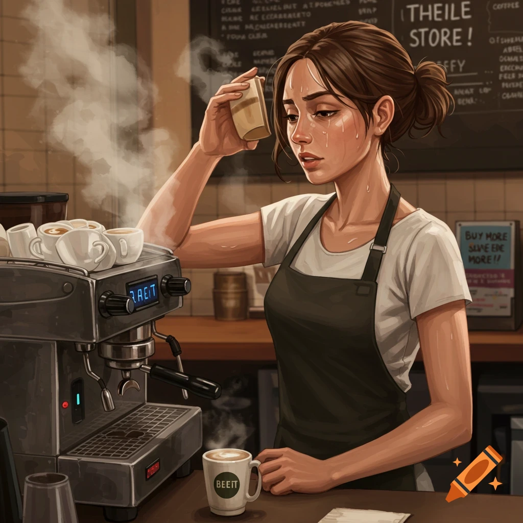 Coffee shop scene with espresso machine and corporate posters screaming ...