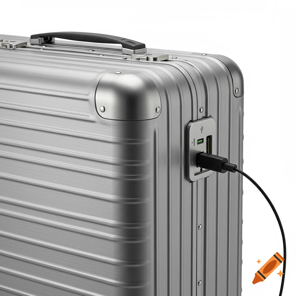 Silver hardshell suitcase with a USB port and cable plugged in. on Craiyon