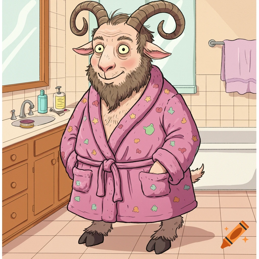 Cartoon of a half-goat, half-man hybrid in a bathrobe on Craiyon