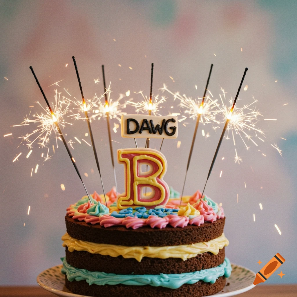 Birthday cake with sparklers and text 'B DAWG'. on Craiyon
