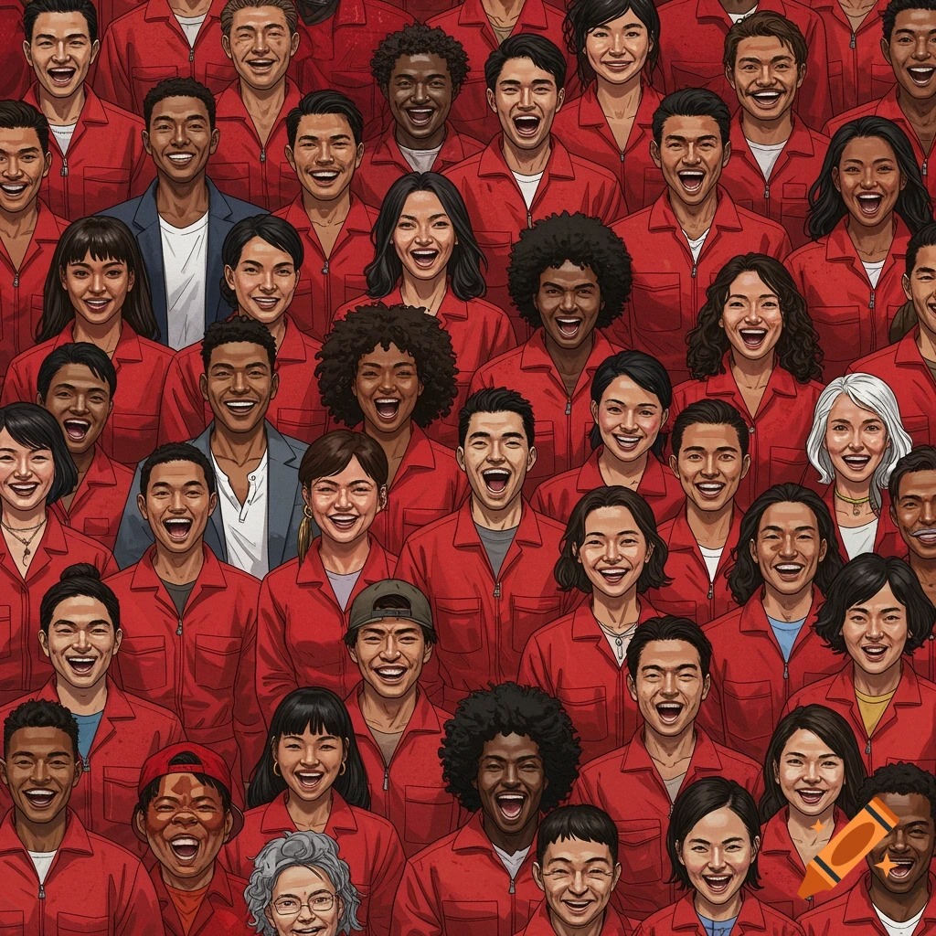 Crowd of people in red jumpsuits smiling on Craiyon
