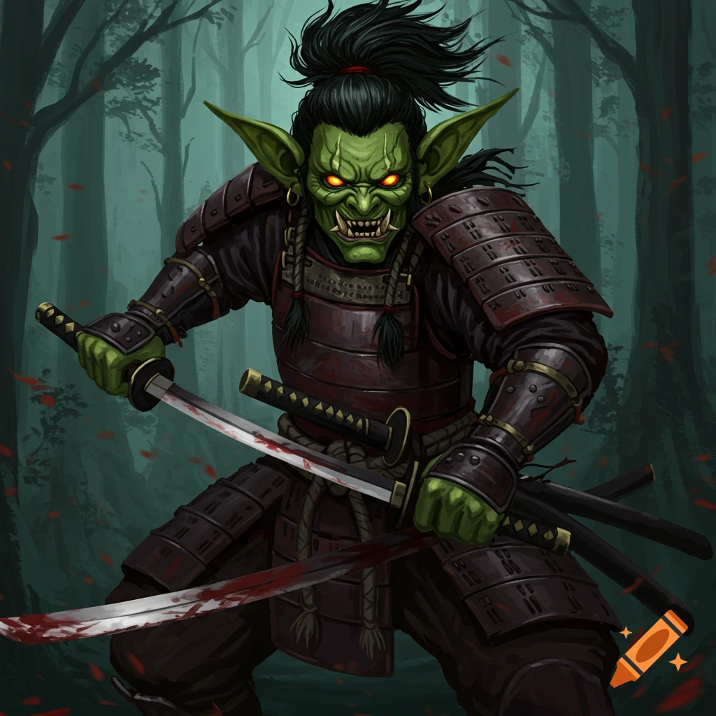 Illustration of a green-skinned goblin or orc samurai holding two ...