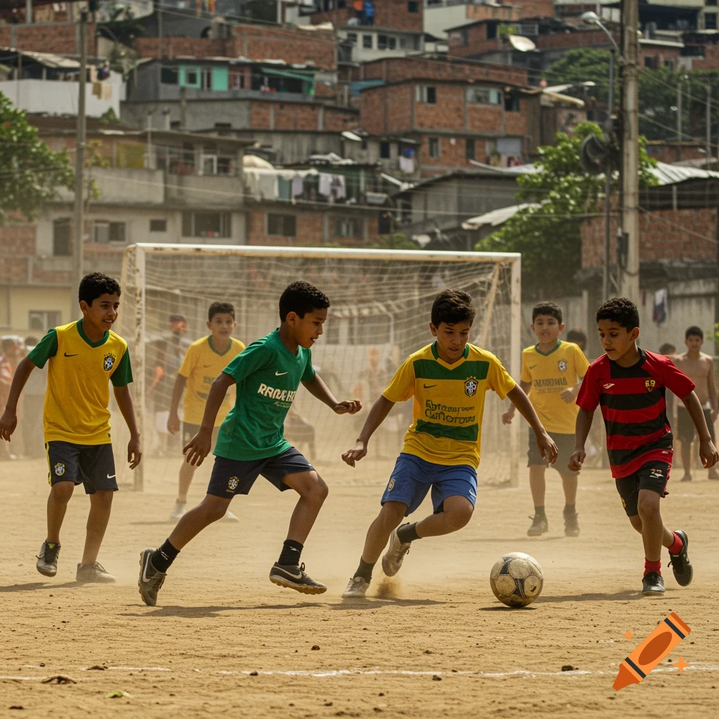 Boys playing soccer in Brazil on Craiyon