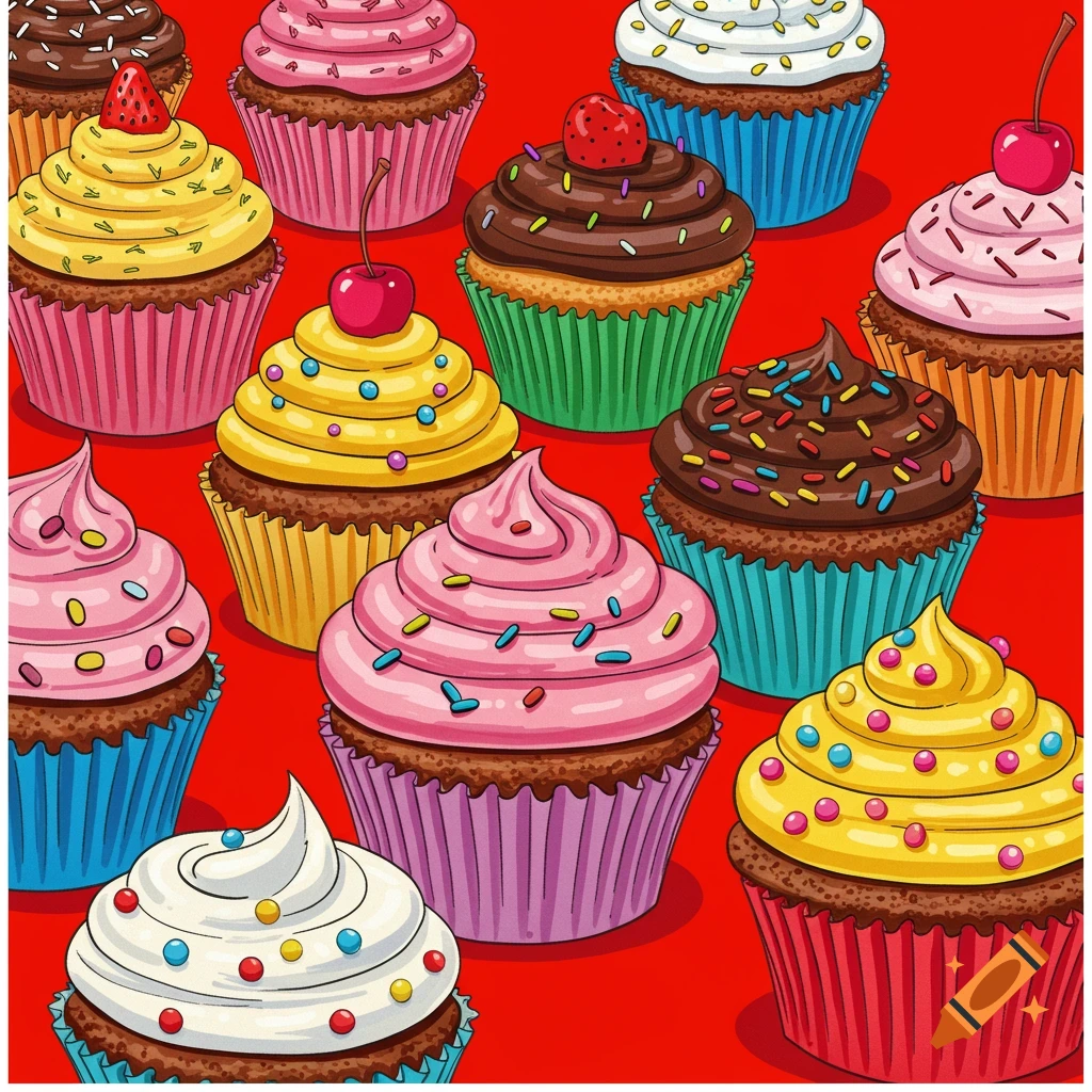 Pop art style illustration of a colorful cupcake with pink and yellow ...