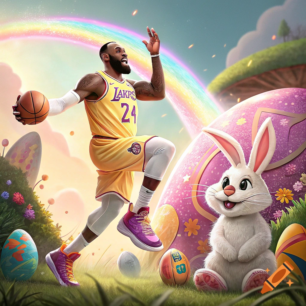 LeBron James plays basketball in an Easter field with a bunny, eggs ...