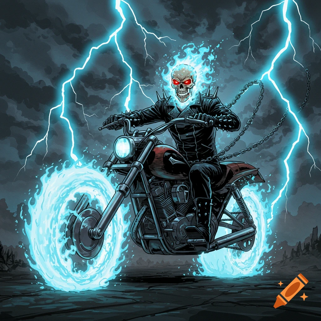 Illustration of a skeleton with blue lightning instead of flames riding ...