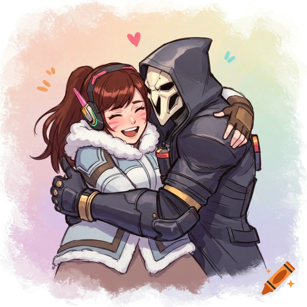 Doodle of D.Va, Mei, Reaper, and Mercy hugging on Craiyon